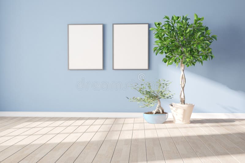 Modern Room with Blue Wall,frames and Plants.3D Illustration Stock ...