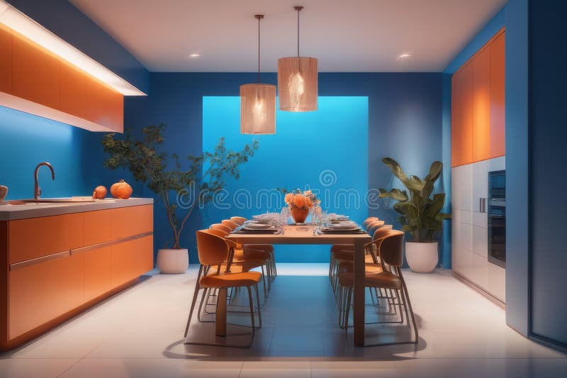 Modern Interior Design with Dining Room . 3d Illustration of Kitchen ...