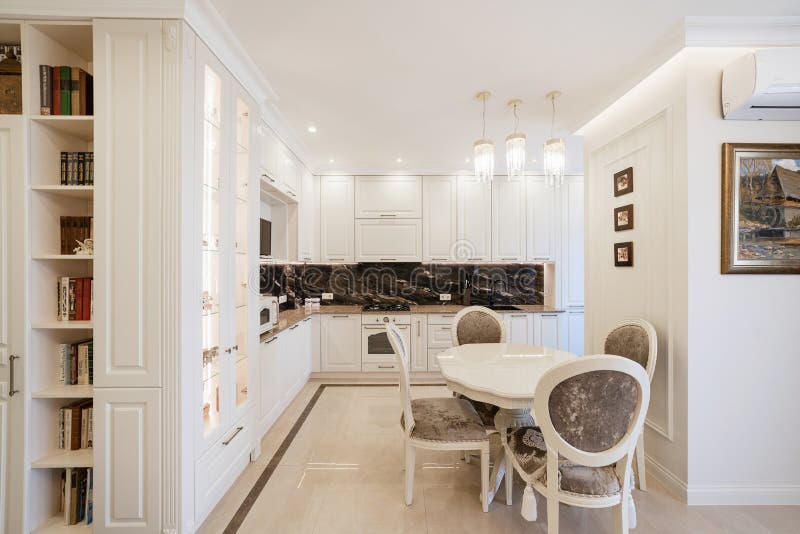 Modern Interior Design of the Dwelling. White Spacious Kitchen with ...