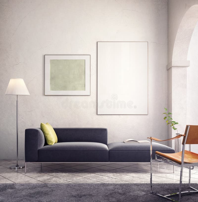 Modern Interior Design with Empty White Picture Frame Stock ...