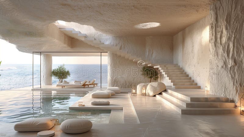 Modern Interior Design with Pool and Ocean View Stock Image - Image of ...