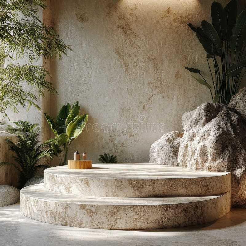 Modern Interior Design Featuring Curved Stone Steps and Lush Greenery ...