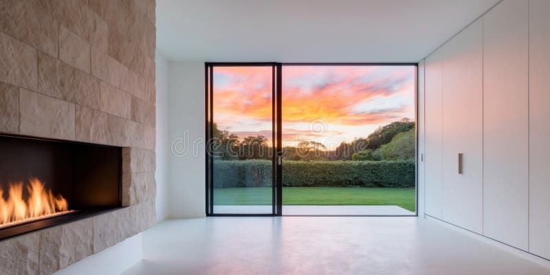Modern Interior Design Featuring a Fireplace with a View of Nature at ...