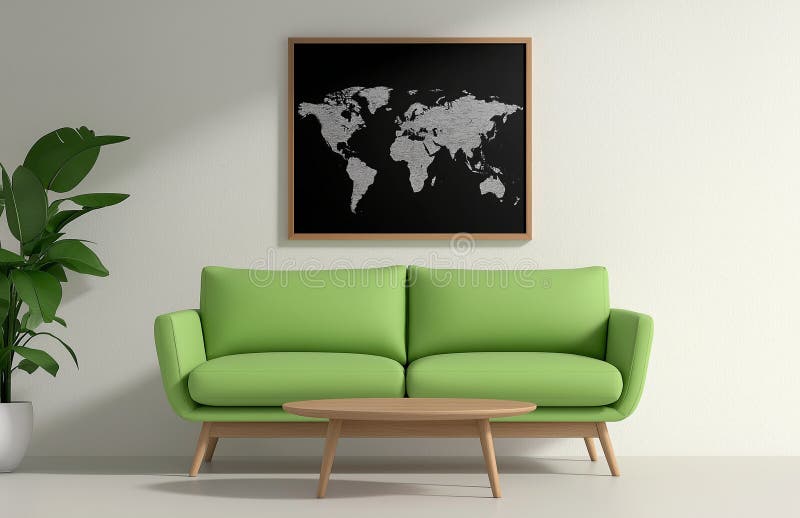 Modern Interior Design Featuring Green Sofa, Wooden Coffee Table, and World Map on Wall. Space ...