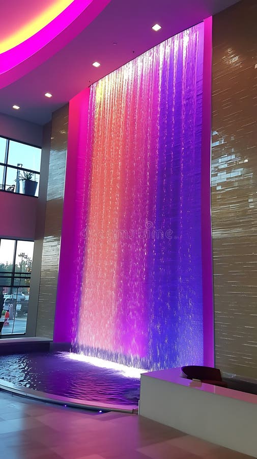Modern Interior Design Featuring a Large Waterfall Wall with Colorful ...