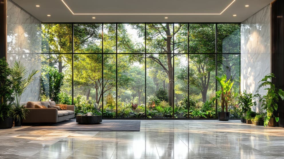 Modern Interior Design Featuring Large Window with Lush Greenery View ...