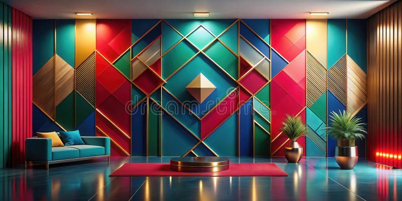 Modern Interior Design Featuring a Vibrant Geometric Wall, a Teal Sofa ...