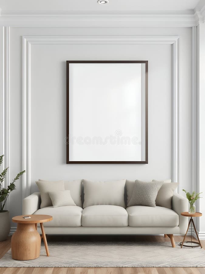 Modern Interior Design with Frame Mockup on Wall and Cozy Couch in ...