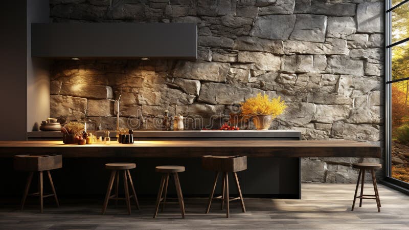 Modern Interior Design Kitchen Dark Tone Stone Slab Wall with Bright ...