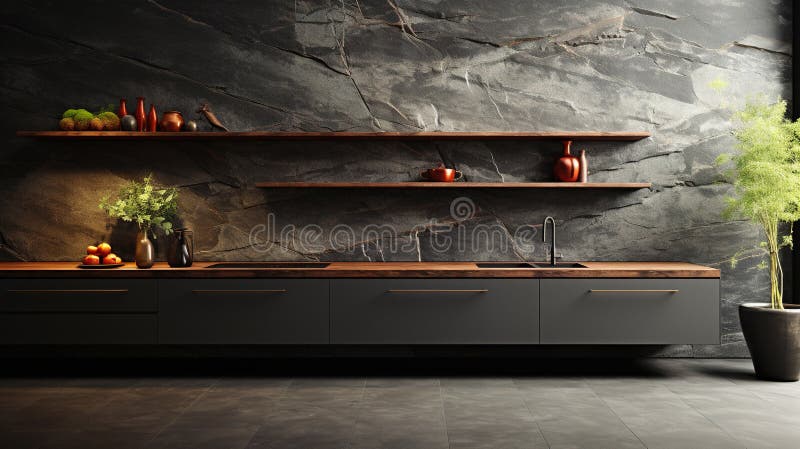 Modern Interior Design Kitchen Dark Tone Stone Slab Wall with Bright ...