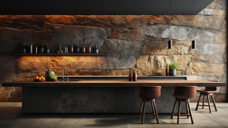 Modern Interior Design Kitchen Dark Tone Stone Slab Wall with Bright ...