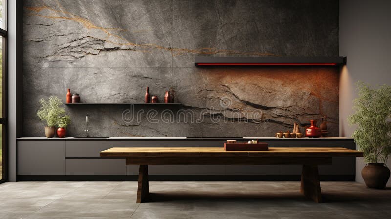 Modern Interior Design Kitchen Dark Tone Stone Slab Wall with Bright ...