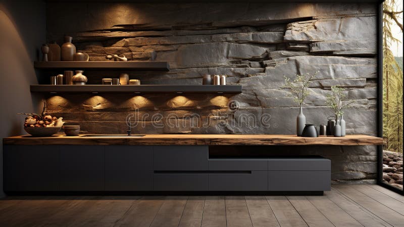 Modern Interior Design Kitchen Dark Tone Stone Slab Wall with Bright ...