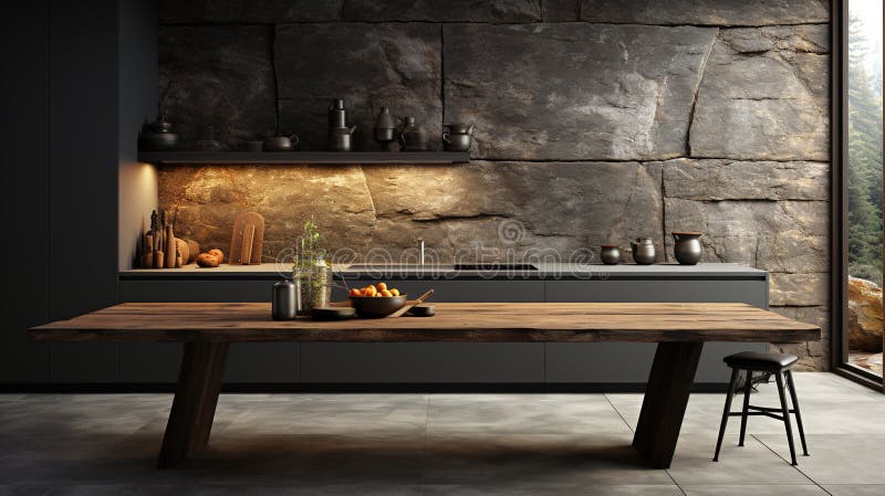 Modern Interior Design Kitchen Dark Tone Stone Slab Wall with Bright ...