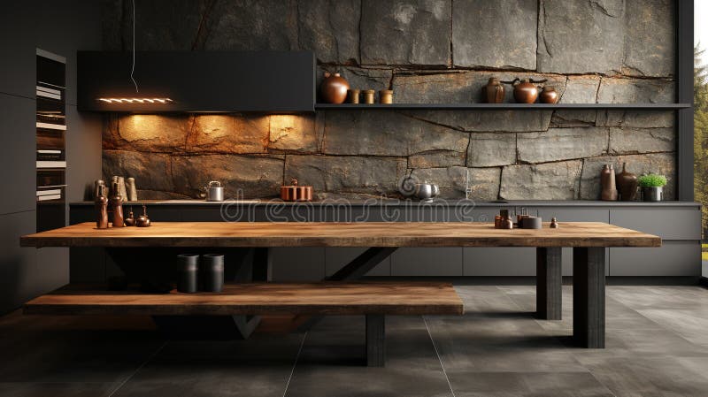 Modern Interior Design Kitchen Dark Tone Stone Slab Wall with Bright ...