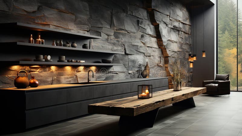 Modern Interior Design Kitchen Dark Tone Stone Slab Wall with Bright ...