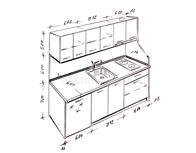 Modern Interior Design Kitchen Freehand Drawing. Stock Illustration ...