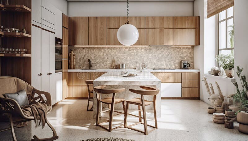 Modern Interior Design of Kitchen, Dining Table and Chairs. Created with Generative Ai ...