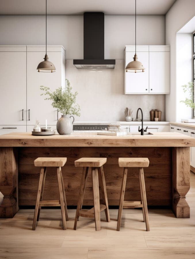 Modern Interior Design of Kitchen with Solid Wood Island and Rustic ...