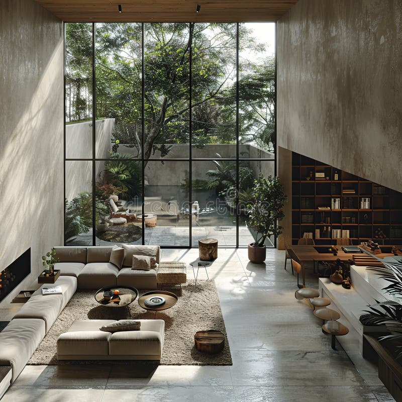 Modern Interior Design with a Large Window Overlooking a Lush Courtyard ...