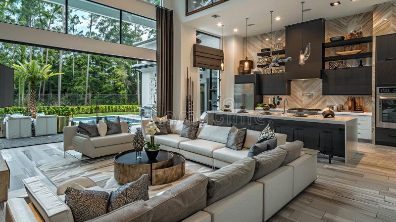 Modern Interior Design with Large Windows and Open Concept Living Stock ...