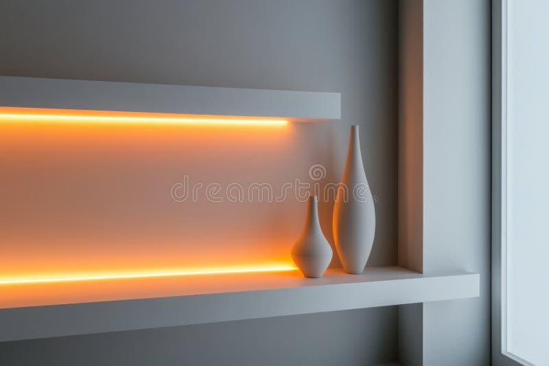 Modern Interior Design, Led Strip Lights Highlight Sleek White Shelves ...