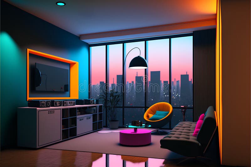 Modern Interior Design of Living Room. 3D Rendering. Evening Scene ...