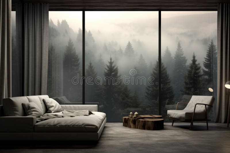 Modern Interior Design with Look on Foggy Pine Forest Stock ...