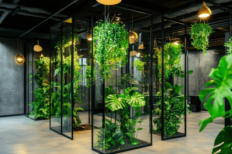 Modern Interior Design with Lush Greenery and Glass Partitions Stock ...