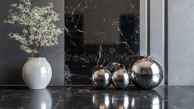 Modern Interior Design with Metallic Spheres and Flowers Stock ...