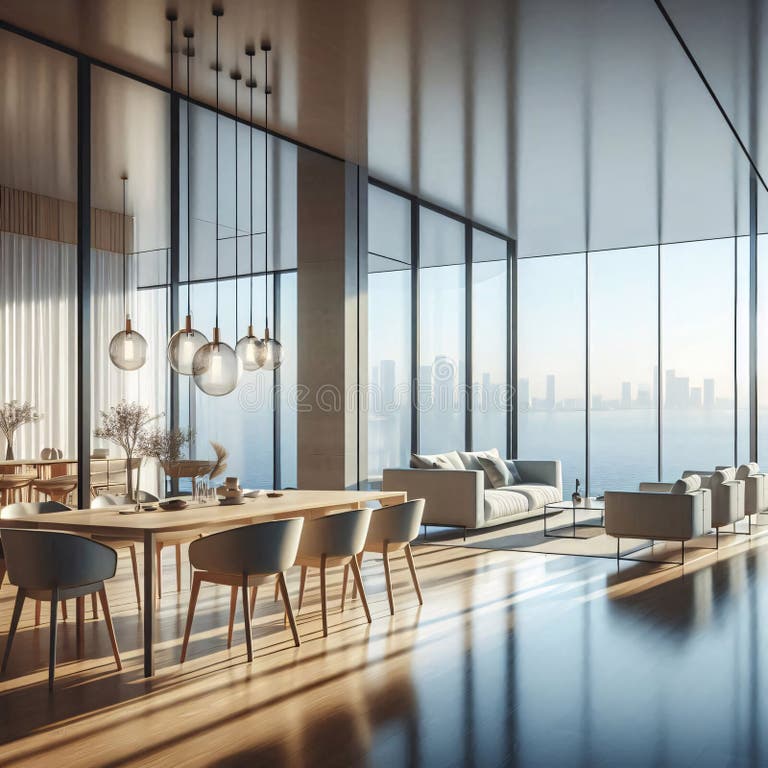 Modern Interior Design with Ocean View Reflecting on Glossy Floor Stock ...