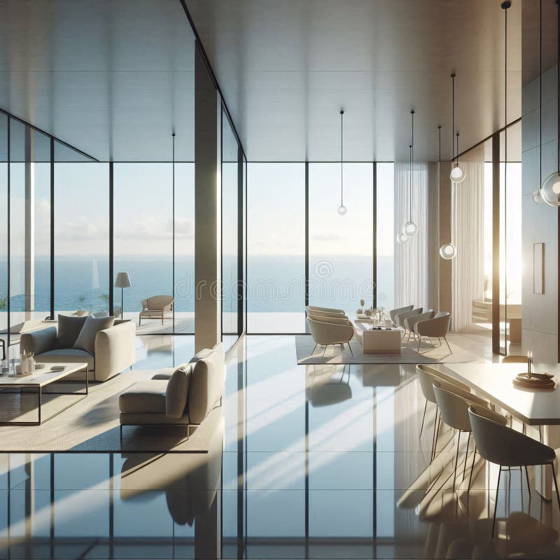 Modern Interior Design with Ocean View Reflecting on Glossy Floor Stock ...