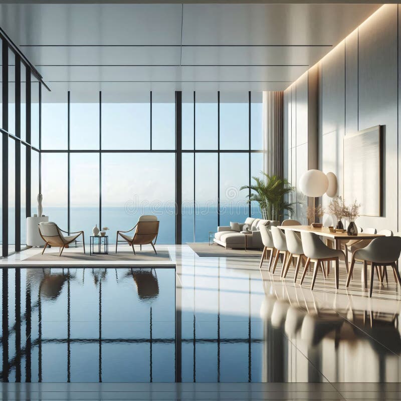 Modern Interior Design with Ocean View Reflecting on Glossy Floor Stock ...