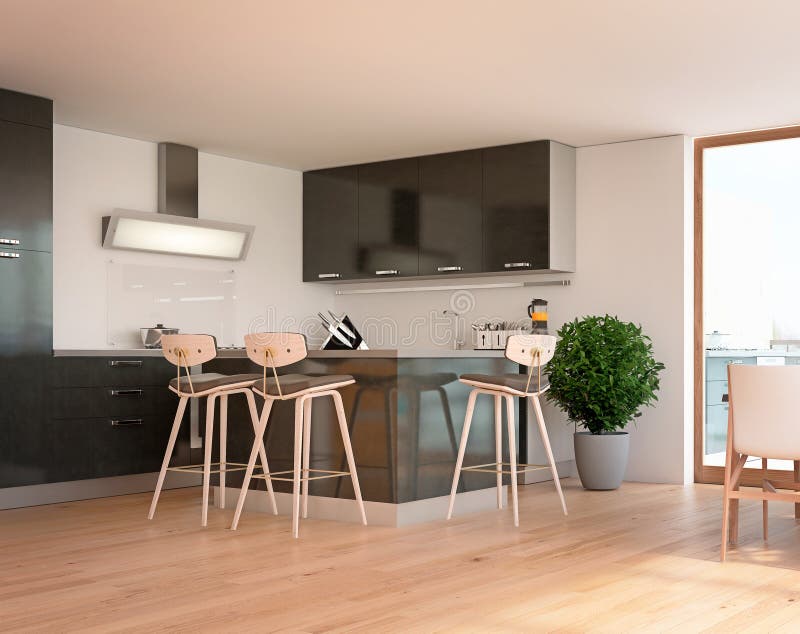 Modern Interior Design of Open Kitchen and Dining Room with Big Windows ...