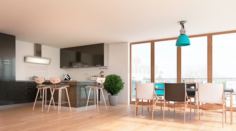 Modern Interior Design of Open Kitchen and Dining Room with Big Windows ...