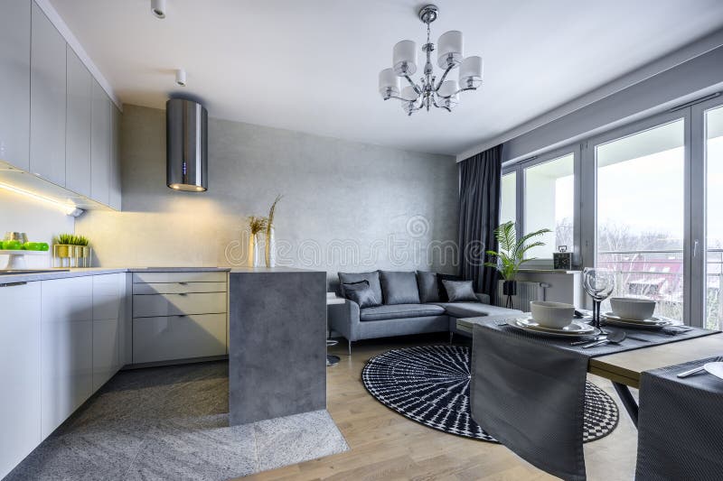 Modern Interior Design - Open Kitchen Stock Photo - Image of black ...