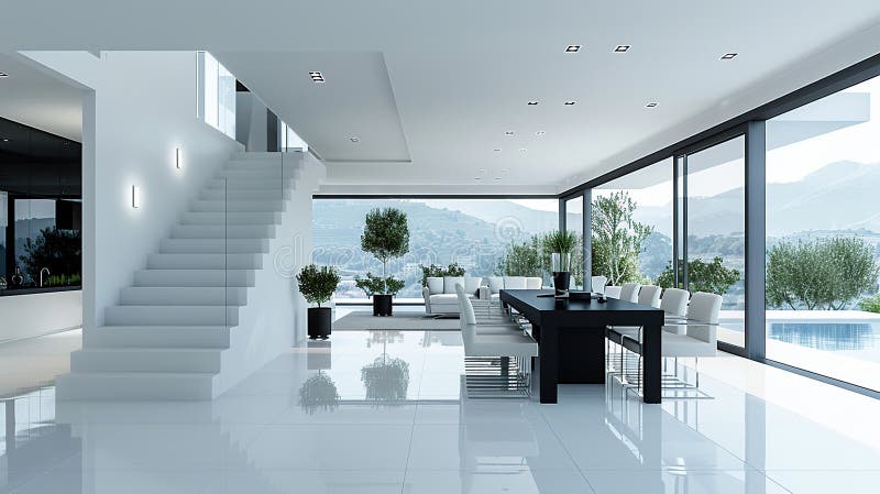 Modern Interior Design with Panoramic Mountain View Stock Illustration ...