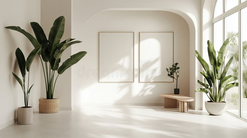 Modern Interior Design with Plants, Empty Frames, Natural Light Stock ...