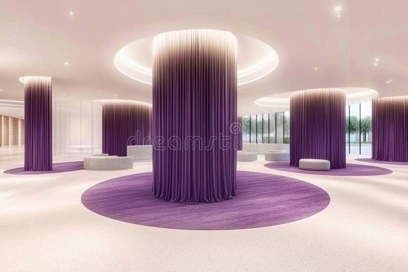 Modern Interior Design with Purple Draped Columns and Minimalist ...