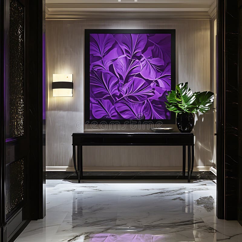 Modern Interior Design with a Purple Leaf Artwork and Console Table ...