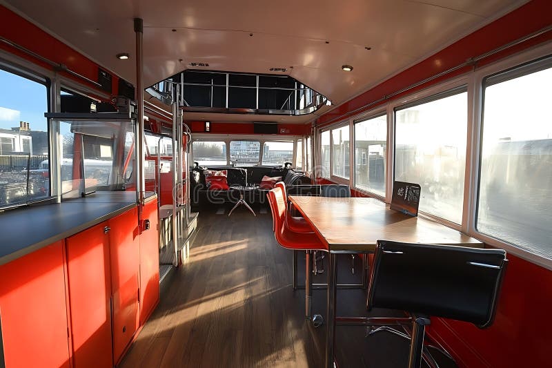 Modern Interior Design of a Red Bus Converted into a Mobile Bar Stock ...