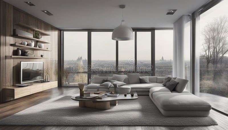 Modern Interior Design Room with Panoramic Windows Stock Illustration ...