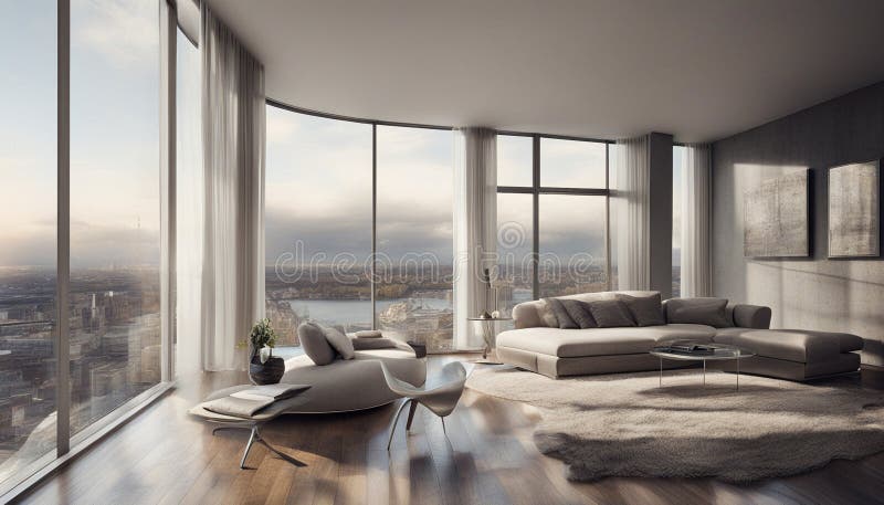 Modern Interior Design Room with Panoramic Windows Stock Illustration ...