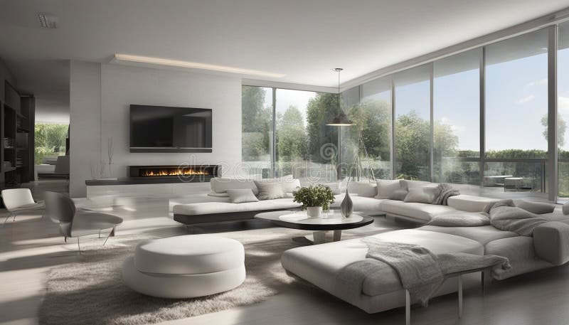 Modern Interior Design Room with Panoramic Windows Stock Illustration ...