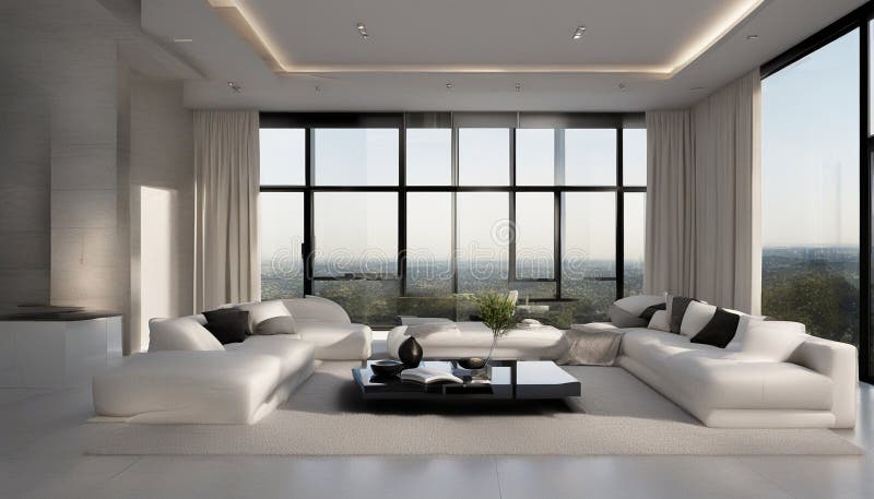 Modern Interior Design Room with Panoramic Windows Stock Illustration ...