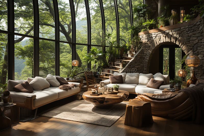 Modern Interior Design Room with Panoramic Windows Stock Image - Image ...