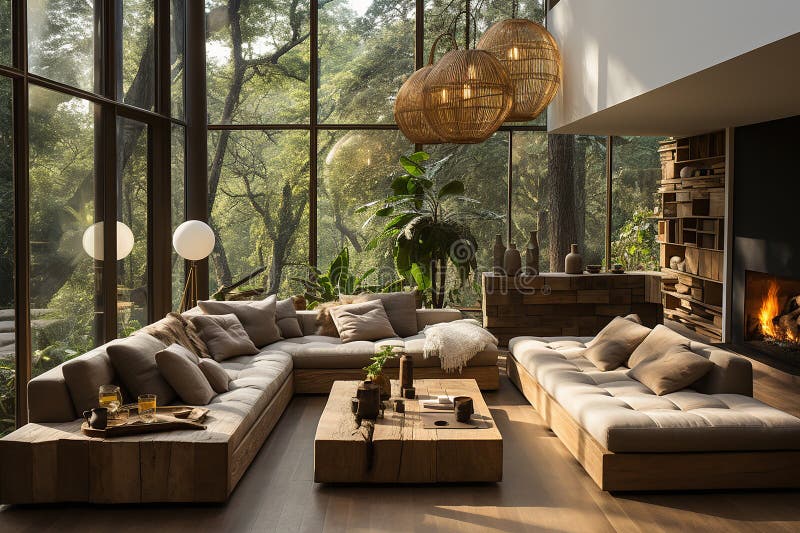 Modern Interior Design Room with Panoramic Windows Stock Photo - Image ...