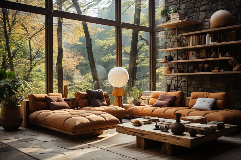 Modern Interior Design Room with Panoramic Windows Stock Photo - Image ...