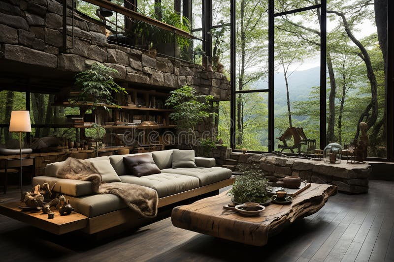 Modern Interior Design Room with Panoramic Windows Stock Image - Image ...