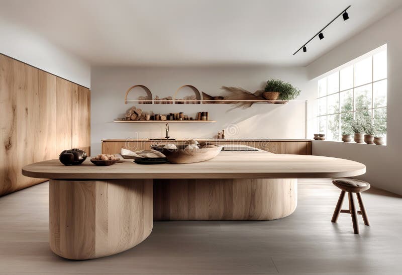 Modern Interior Design of Rustic Kitchen with Island. Solid Wood Round ...